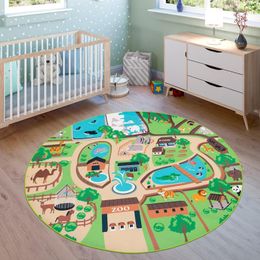 Paco Home Kinderteppich »Bino 563« rund 4 mm Höhe Kurzflor, Straßen-Spiel-Teppich, Motiv Zoo, Kinderzimmer beige Obermaterial: 100% Polyester Ø 200...