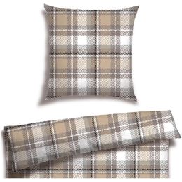 Bettwäsche Schiesser "Metor aus weichem Baumwollflanell mit Winterkaros", taupe, B/L: 135cm x 200cm, 1 Stk., 1 Stk., Feinbiber, B/L: 80cm x 80cm, 2 Stk., Feinbiber, Obermaterial: 100% Baumwolle, Bettwäsche, Made in Green