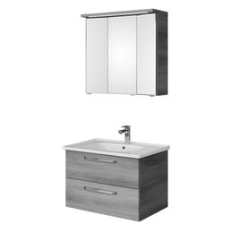 Badmöbel-Set SAPHIR "Trentino 2-teilig Keramik-Waschtisch mit LED-Spiegelschrank", grau (graphit struktur quer nb), Kastenmöbel-Sets, Badmöbel-Set 79cm breit, inkl. Türdämpfer, 3 Türen, 2 Auszügen