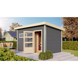 Saunahaus Karibu "&raquo;Simon 3&laquo; mit moderner T&uuml;r, terragrau", grau (terragrau), ohne Ofen, ohne Steuerung, (ohne Ofen), Saunen, Mit 9 kW Ofen Bio externe Steuerung easy