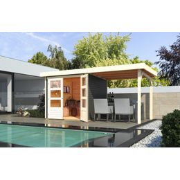 Gartenhaus Karibu "Arnis", grau (terragrau), ohne Fußboden, ohne Rück- und Seitenwand, ohne Dacheindeckung, Holzwerkstoff, Gartenhäuser, mit Anbaudach 2,40 m Breite
