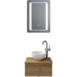 Badmöbel-Set SAPHIR "Serie 6915", braun (riviera eiche, riviera eiche), B:51cm H:200cm T:35cm, Kastenmöbel-Sets, Gäste-Bad, 51 cm breit, mit LED-Spiegel und 1 Tür
