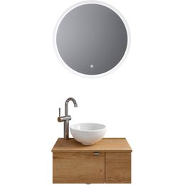 Badmöbel-Set SAPHIR "Serie 6915", braun (halifax eiche, halifax eiche), B:70cm H:200cm T:35cm, Kastenmöbel-Sets, Gäste-Bad, 70 cm breit, mit LED-Spiegel, offenem Fach und 2 Türen