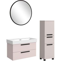 Badmöbel-Set Welltime "SALVADA, 3tlg-Set, gedämpfte Scharniere, Softclose, Keramikbecken", kaschmir, B:140cm H:200cm T:47,5cm, MDF, Kastenmöbel-Sets, Kaschmir, Keramikbecken 1 od. 2 Armaturlochbohrungen
