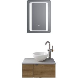 Badmöbel-Set SAPHIR "Serie 6915", grau (riviera eiche, oxid hellgrau), B:61cm H:200cm T:35cm, Kastenmöbel-Sets, Gäste-Bad, 61 cm breit, mit LED-Spiegel, offenem Fach und 2 Türen