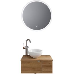 Badmöbel-Set SAPHIR "Serie 6915", braun (riviera eiche, riviera eiche), B:70cm H:200cm T:35cm, Kastenmöbel-Sets, Gäste-Bad, 70 cm breit, mit LED-Spiegel, offenem Fach und 2 Türen