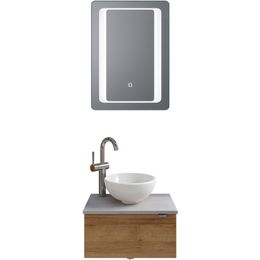 Badmöbel-Set SAPHIR "Serie 6915", grau (riviera eiche, oxid hellgrau), B:51cm H:200cm T:35cm, Kastenmöbel-Sets, Gäste-Bad, 51 cm breit, mit LED-Spiegel und 1 Tür