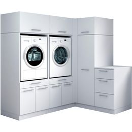 Mehrzweckschrank-Set LAUNDREEZY "Laundreezy, 7-tlg. Mehrzweckschrank-Set B/H/T 203/200/68 cm", weiß matt, B:203cm H:200cm T:68cm, Holzwerkstoff, Kastenmöbel-Sets, Breite 203 cm, Soft-Close-Funktion für Türen