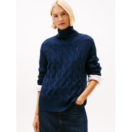 Tommy Hilfiger Damen Rollkragenpullover "SOFT WOOL CABLE ROLL-NK LS SWT"schwarz night navy, Gr. XL, unifarben, Strick, Obermaterial: 100% Wolle,