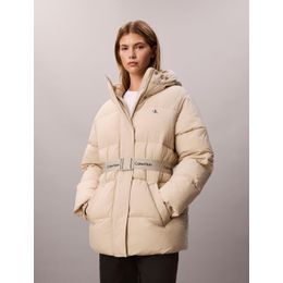 Steppjacke Calvin Klein Jeans "BELTED MIDWEIGHT PUFFER", Damen, Gr. M (40), island fossil, Web, Obermaterial: 100% Polyamid, unifarben, regular fit normal, Rundhals, eingesetzt gerader Abschluss, Jacken, Mit Rundhalsausschnitt, regular fit