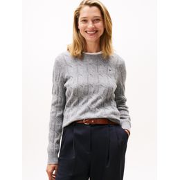 Strickpullover Tommy Hilfiger "SOFT WOOL CABLE C-NK", Damen, Gr. L (40), mid grau heather, Strick, Obermaterial: 100% Wolle, unifarben, normal, Rundhals, Bündchen, Pullover, mit Zopfmuster, aus reiner Wolle, Topseller