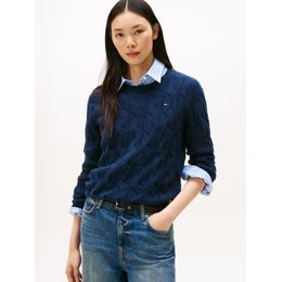 Strickpullover Tommy Hilfiger "SOFT WOOL CABLE C-NK", Damen, Gr. L (40), blau (schwarz night navy), Strick, Obermaterial: 100% Wolle, unifarben, normal, Rundhals, Bündchen, Pullover, mit Zopfmuster, aus reiner Wolle, Topseller