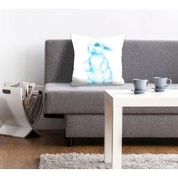 Dekokissen queence "Luh", blau (hellblau, bedruckt), B:40cm L:40cm, Polyester, Dekokissen_Sitzkissen_Kissenh&uuml;llen, mit einem blauen H&auml;schen