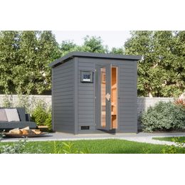 Saunahaus Karibu "Talo 2", grau (terragrau), Bio-Ofen, externe Steuerung, (ohne Ofen), Saunen, Ofen 9 kW Bio externe Strg easy