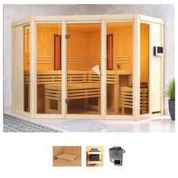 Sauna Karibu "Adele", beige (naturbelassen), Saunaofen, externe Steuerung, 9 kW, Saunen, 9-kW-Ofen mit externer Steuerung, inkl. 2 Infrarot-Vitalightstrahlern
