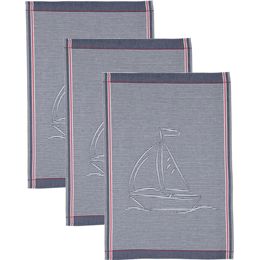Geschirrtuch Ross "Maritim - Streifenfond mit Segelschiffen", bunt (blau, grau, rot), B:50cm L:70cm, 100% Baumwolle, Geschirrtücher, Motivtuch, aus 100% Baumwolle