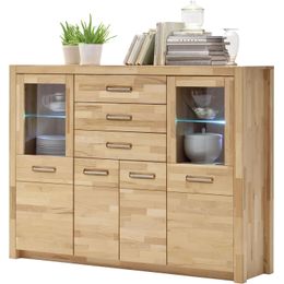 Highboard MCA LIVING "Fenja Schrank, Hochschrank, Hochkommode, Breite 163 cm", kernbuchefarben, B:163cm H:122cm T:40cm, Glas, Massivholz, Sideboards, Massivholz, 3 Schubkästen, 4 Türen, Made in Europe