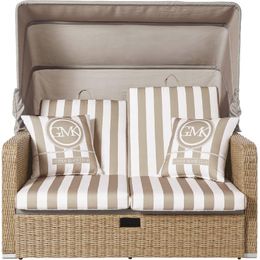 Guido Maria Kretschmer Home & Living Loungesofa "Norderney", beige (beige, weiß), B:146cm H:65cm T:133cm, Obermaterial: 100% Polyester, GUIDO MARIA KRETSCHMER HOME & LIVING, Sofas, Strandkorb, ausziehbares Sofa, mit klappbarem Dach, Strandkorb, inkl. Zierkissen