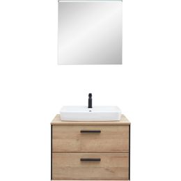 Badmöbel-Set SAPHIR "Quickset 395 2-teilig, Keramik-Aufsatzbecken mit LED-Spiegel", braun, Riviera Eiche quer Nachbildungmit schwarzem L-Profil vorne, Kastenmöbel-Sets, Waschplatz 73 cm breit, 2 Schubladen, Waschtischplatte, Bad-Set