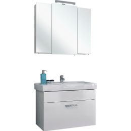 Badmöbel-Set SAPHIR "Quickset 2-teilig, Keramikwaschtisch mit LED-Spiegelschrank, Bad-Set", weiß (weiß glanz), B:83cm H:200cm T:48cm, Spanplatte, Kastenmöbel-Sets, Waschplatz 83 cm breit, 3 Türen, 1 Schublade, inkl. Türdämpfer