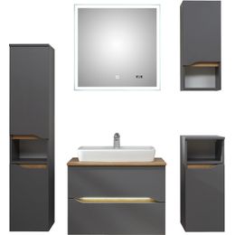 Badmöbel-Set SAPHIR "Quickset 2-teilig, Keramik-Aufsatzbecken mit LED-Spiegel", grau (quarzgrau matt touch, quarzgrau matt, akzent riviera eiche quer nb), Kastenmöbel-Sets, Waschplatz 73 cm breit, inkl. Türdämpfer, 2 Schubladen