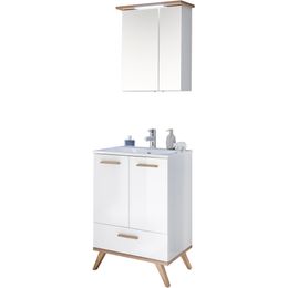 Badmöbel-Set SAPHIR "Quickset 2-teilig, Mineralmarmor-Waschtisch und LED-Spiegelschrank", weiß (front weiß glanz, front weiß glanz, riviera eiche quer nb), B:61cm T:46cm, Glas, Spanplatte, Kastenmöbel-Sets, Waschplatz 61 cm breit, 4 Türen, 1 Schublade, 2 Einlegeböden, Bad-Set