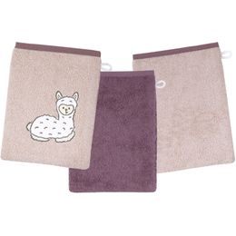 Wörner Waschhandschuh WÖRNER "Lama rosa Waschhandschuh 3er Set", rosa (rosa,mauve), B:15cm L:21cm, Obermaterial: 100% Baumwolle, Handtücher, 1x mit süßer Lamastickerei, 2x unifarben