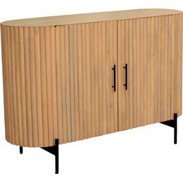 Kommode Sit, beige (natur, schwarz), B:120cm H:80cm T:40cm, Massivholz, Metall, Sideboards, Lamellen-Design im Retro Stil