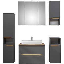 Badmöbel-Set SAPHIR "Quickset 5-teilig, Keramik-Aufsatzbecken und LED-Spiegelschrank", grau (quarzgrau matt touch, quarzgrau matt, akzent riviera eiche quer nb), Kastenmöbel-Sets, Midischrank, Unterschrank, Hängeschrank, inkl. Türdämpfer, 7 Türen