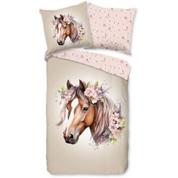 Kinderbettwäsche Good Morning "Avera", beige (sand), B/L: 135cm x 200cm, 1 Stk., 1 Stk., Renforcé, B/L: 80cm x 80cm, 2 Stk., Renforcé, Obermaterial: 100% Baumwolle, Bettwäsche, Baumwolle, 135x200, Reißverschluss, Wendeoptik, Mädchen, Pferd, Sand