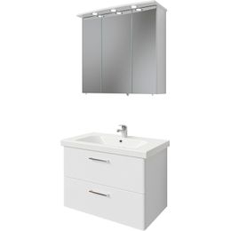Badmöbel-Set SAPHIR "Quickset 316 2-teilig, Keramikwaschtisch mit LED-Spiegelschrank", weiß (weiß hochglanz, weiß glanz), B:82cm H:200cm T:45cm, Glas, Keramik, Spanplatte, Kastenmöbel-Sets, Waschplatz 82cm breit, 3 Türen, 1 Schublade, 1 Klappe, inkl Türdämpfer