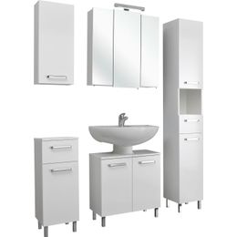 Badmöbel-Set SAPHIR "Quickset 5-teilig, Waschbeckenunterschrank mit LED-Spiegelschrank", weiß (weiß glanz), B:128cm H:200cm T:33cm, Spanplatte, Kastenmöbel-Sets, Hochschrank, Unterschrank, Hängeschrank, inkl. Türdämpfer, 8 Türen