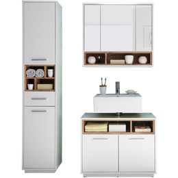Badmöbel-Set BASIC BY BALCULINA "Mila, Badezimmerset BxHxT 118x191x40 cm", weiß (weiß, weiß, wildeiche), B:118cm H:190cm T:40cm, Kastenmöbel-Sets, Breite 118 cm,Badezimmerset 3-tlg, FSC-Mix 70%