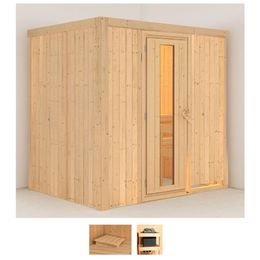 Sauna Karibu "Bedine", beige (naturbelassen), ohne Ofen, (ohne Ofen), Saunen, ohne Ofen