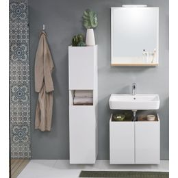 Badmöbel-Set SAPHIR "Quickset 947 3-teilig, Waschbeckenunterschrank mit Spiegel", weiß (weiß glanz, riviera eiche quer nachbildung), Kastenmöbel-Sets, Unterschrank, 4 Türen, 2 Einlegeböden, inkl. Türdämpfer, Weiß Glanz