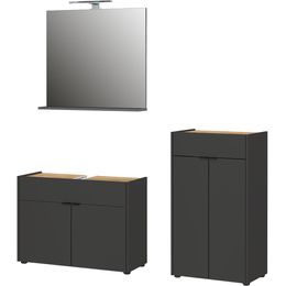 Badmöbel-Set Germania "Ameca", grau (graphit, navarra, eiche, nachbildung), B:151cm H:200cm T:34cm, Glas, Spanplatte, Kastenmöbel-Sets, Badezimmer-Set bestehend aus Waschbeckenunterschr., Spiegel & Kommode