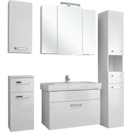 Badmöbel-Set SAPHIR "Quickset 5-teilig, Keramik-Waschtisch mit LED-Spiegelschrank", weiß (weiß glanz), B:143cm H:200cm T:48cm, Spanplatte, Kastenmöbel-Sets, mit Hochschrank, Unterschrank, Hängeschrank, 7 Türen, inkl. Türdämpfer