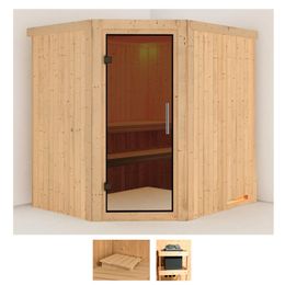 Sauna Karibu "Laila", beige (naturbelassen), ohne Ofen, (ohne Ofen), Saunen, ohne Ofen