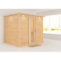 Sauna Karibu "Soraja", beige (naturbelassen), ohne Ofen, (ohne Ofen), Saunen, ohne Ofen