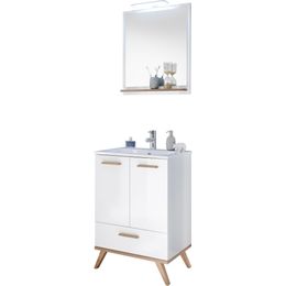 Badmöbel-Set SAPHIR "Quickset 2-teilig, Mineralmarmor-Waschtisch und LED-Spiegel", weiß (front weiß glanz, front weiß glanz, riviera eiche quer nb), B:61cm T:46cm, Glas, Spanplatte, Kastenmöbel-Sets, Waschplatz 61 cm breit, 2 Türen, 1 Schublade, Spiegel-Ablage, Bad-Set