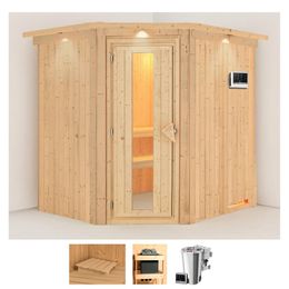 Sauna Karibu "Laila", beige (naturbelassen), Bio-Kombiofen, externe Steuerung, 3,6 kW, Saunen, 3,6-kW-Bio-Plug & Play Ofen mit externer Steuerung