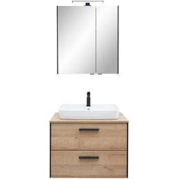 Badmöbel-Set SAPHIR "Quickset 395 2-teilig, Keramik-Aufsatzbecken mit LED-Spiegelschrank", braun, Riviera Eiche quer Nachbildungmit schwarzem L-Profil vorne, Kastenmöbel-Sets, Waschplatz 73 cm breit, 2 Schubladen, Waschtischplatte, Bad-Set