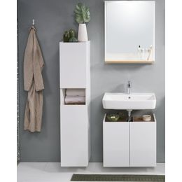 Badmöbel-Set SAPHIR "Quickset 947 3-teilig, Waschbeckenunterschrank mit Spiegel", weiß (weiß glanz, riviera eiche quer nachbildung), Kastenmöbel-Sets, Unterschrank, 4 Türen, 2 Einlegeböden, inkl. Türdämpfer, Weiß Glanz
