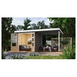 Gartenhaus Karibu ""Jupiter B SET"", grau (terragrau), ohne Fußboden, ohne Rück- und Seitenwand, ohne Dacheindeckung, Holz, Stahl, Gartenhäuser, terragrau/weiß, mit Anbaudach