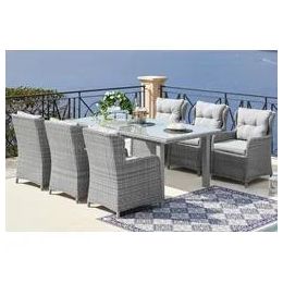 Garten-Essgruppe Konifera "Seattle", grau (grau,), Polyrattan, Sitzmöbel-Sets, Gartenmöbel-Set, Tischbeine aus Akazie, Tischplatte aus 5mm starkem Sicherheitsglas, Topseller