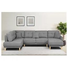 Wohnlandschaft Home Affaire "TRIPLO U-Form wahlweise mit Schlaffunktion, B/T/H: 310/192/90 cm", grau (hellgrau), B:310cm H:90cm T:192cm, 92% Polyester, 8% Nylon, Sofas, Schlafsofa, auch mit Bettkasten, Steppung im Rückenkissen