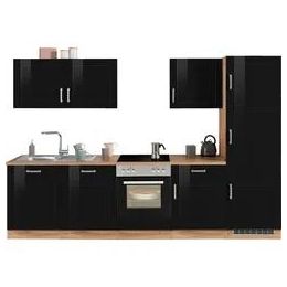Küchenzeile KOCHSTATION "KS-Tinnum", schwarz (küche: schwarz, korpus: wotaneichefarben, arbeitsplatte: wotaneichefarben), B:300cm T:60cm, Komplettküchen-Sets, ohne E-Geräte, Breite 300 cm