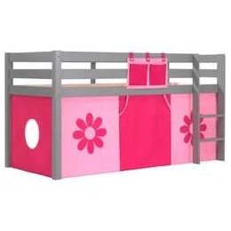 Hochbett Vipack "Pino, inkl. Rolllattenrost, Leiter und Absturzschutz", grau (grau lackiert, pink flower), B:106cm H:114cm L:210cm, Textil-Set: 100% Polyester, bei 30C waschbar, Hochbetten, inklusive Textil-Vorhang "Flower"