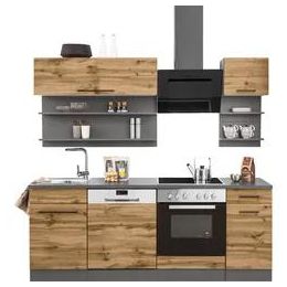 Küchenzeile KOCHSTATION "KS-Tulsa", braun (küche: natur, korpus: grafit, arbeitsplatte: anthrazit), B:210cm T:60cm, Komplettküchen-Sets, mit E-Geräten, Breite 210 cm, schwarze Metallgriffe, MDF Fronten