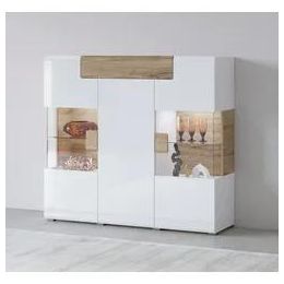 Highboard Inosign "Toledo,Breite 147,5cm,trendige Hochkommode mit 3Türen und Schublade", weiß (weiß matt, weiß hgl, san remo eiche), ABS-Kunststoff, FSC-zertifizierter Holzwerkstoff, Glas, MDF, Metall, Sideboards, Hochschrank mit Glas-Partien,stylische Hochglanzfronten